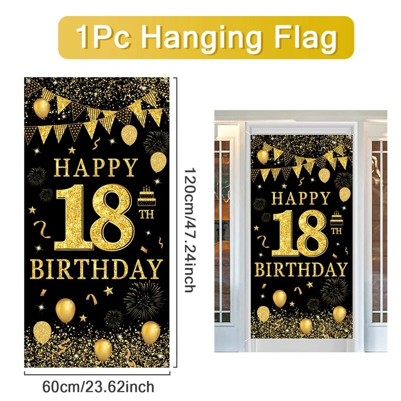 Черный золотой баннер "Happy 18th Birthday" Style 1