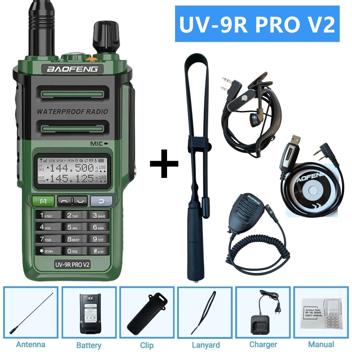 Baofeng UV 9R Pro V2 радиостанция ручная водонепроницаемая IP68 с тремя мощностями, зарядкой Type-C, дуал-бендовый трансивер, радио аматурное двухстороннее, морское радио
