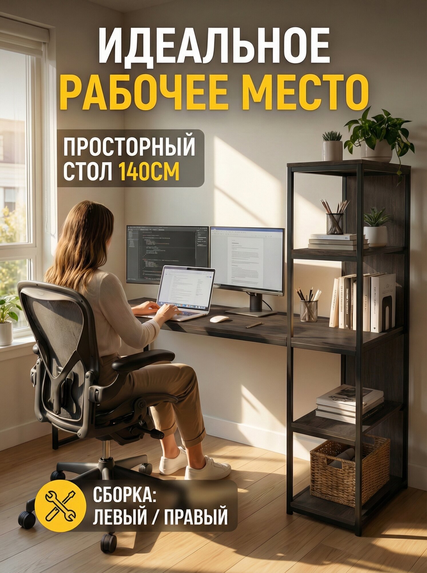 Стол письменный с полками EDWARD, темно-коричневый, компьютерный для школьника, офиса, рабочий, швейный гростат 140х60х75 см.