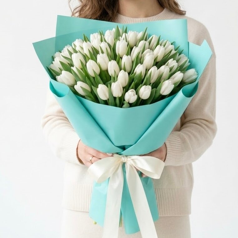 Букет из тюльпанов, 51 белый тюльпан Голландия с красивой упаковкой