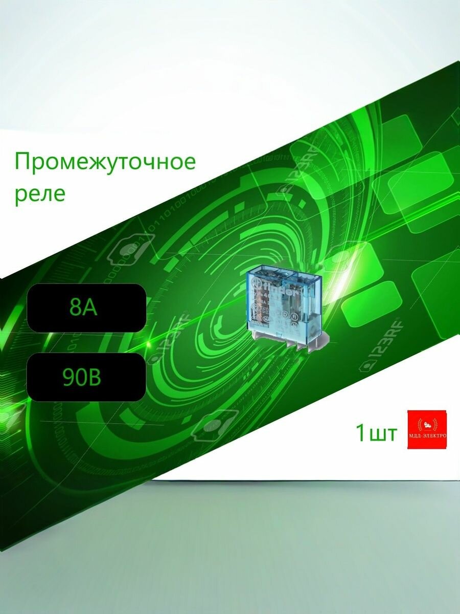 Миниатюрное универсальное электромеханическое реле, монтаж на печатную плату или в розетку, выводы с шагом 5мм, 2CO 8A, контакты AgCdO, катушка 90В DC (чувствит.), влагозащита RTIII