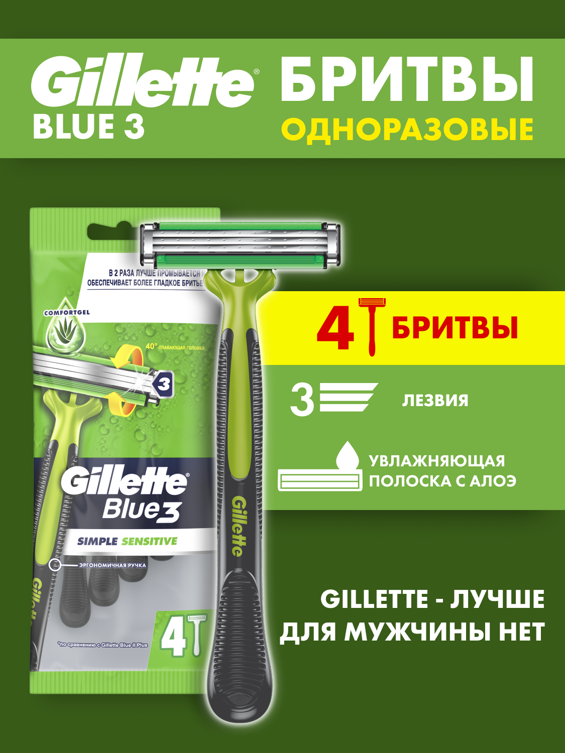 Одноразовый бритвенный станок Gillette Blue3 Simple Sensitive одноразовая, зеленый