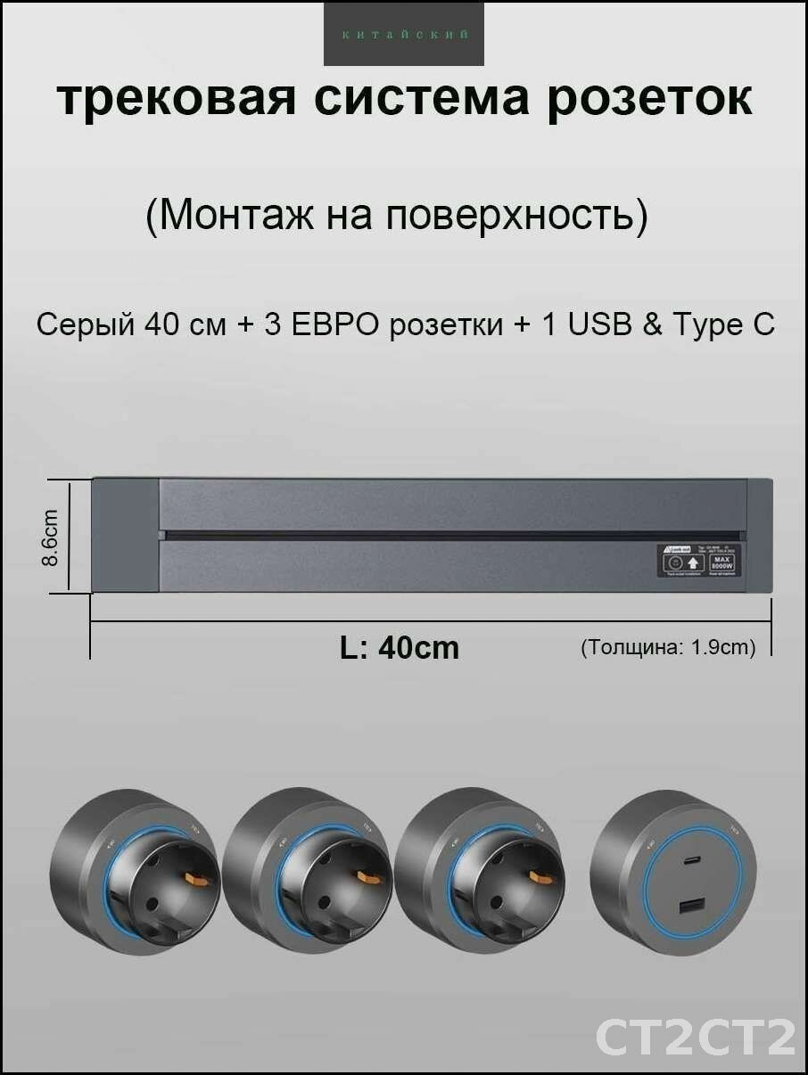 Направляющие, накладная металлическая рейка 40 см + 3 евророзетки + 1 USB и Type C, серые
