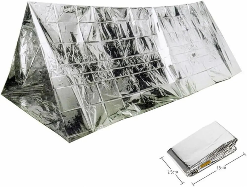 Палатка аварийная для кемпинга, пеших прогулок, альпинизма, охоты, выживания в лесу из алюминиевой пленки, серебристая