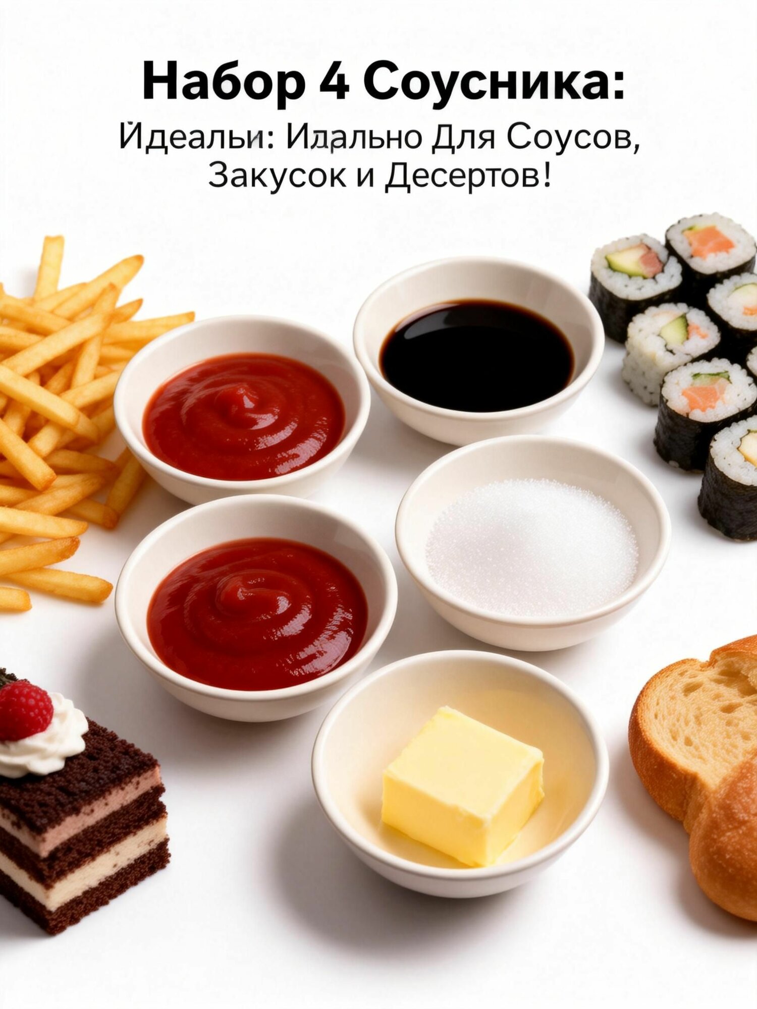 Керамические соусники, набор 4 шт, диаметр 7 см, объем 45 мл, белые, для соусов, закусок, варенья