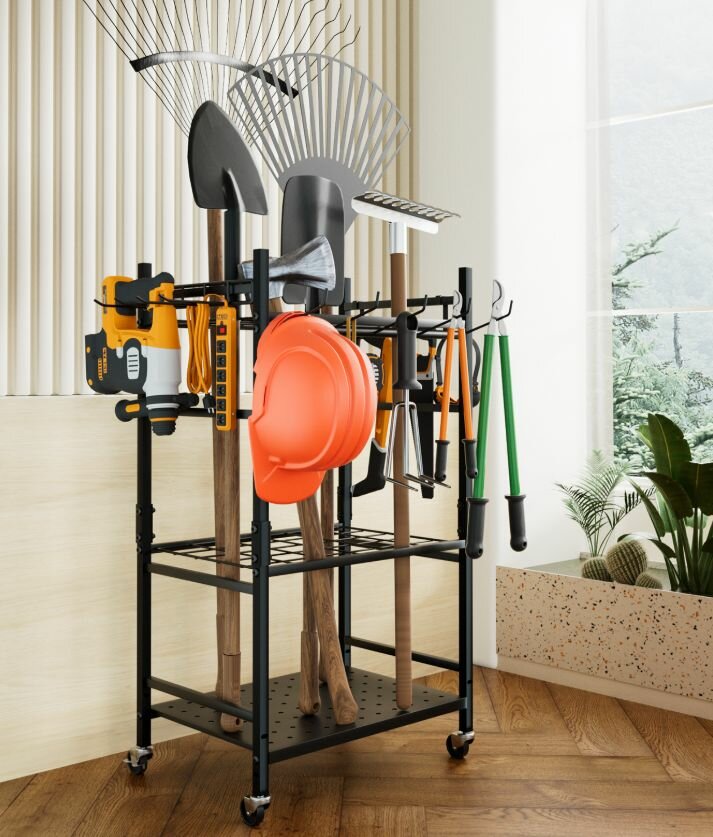 Металлическая стойка для хранения садовых инструментов, 4-уровневая, с крючками и держателями, для дома и дачи