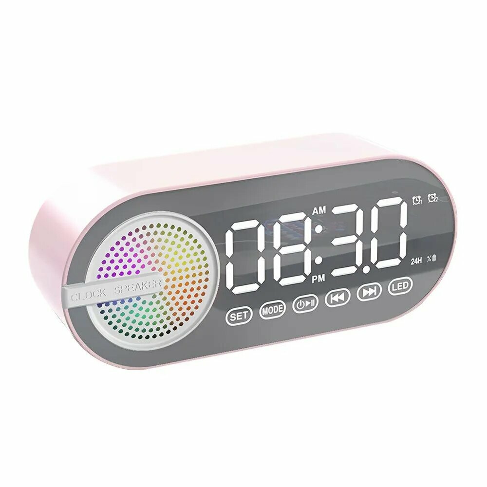 Колонка bluetooth с часами, розовая, с поддержкой microSD и AUX подключением