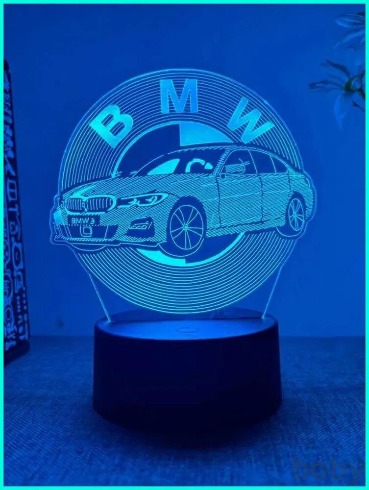 Ночник Бмв 3D светодиодный светильник для спальни, настольная лампа BMW с сенсорным управлением, голубой свет — фото 1
