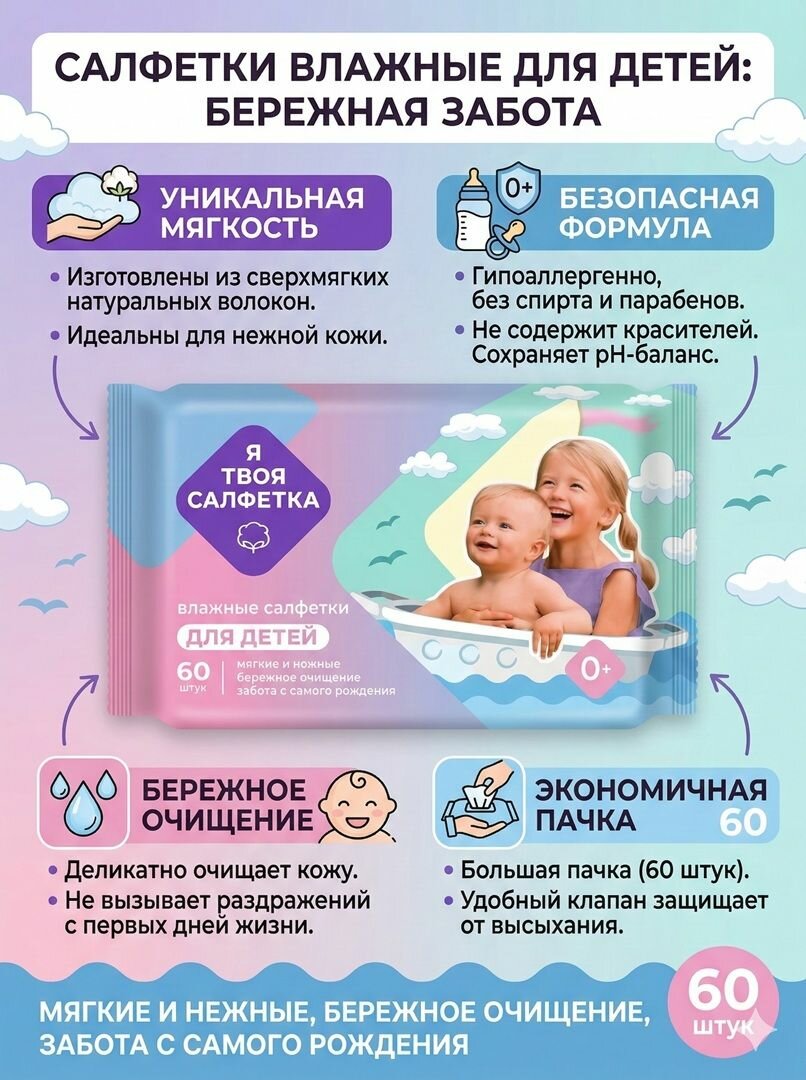 Салфетки влажные для детей 60 штук Я твоя салфетка детская