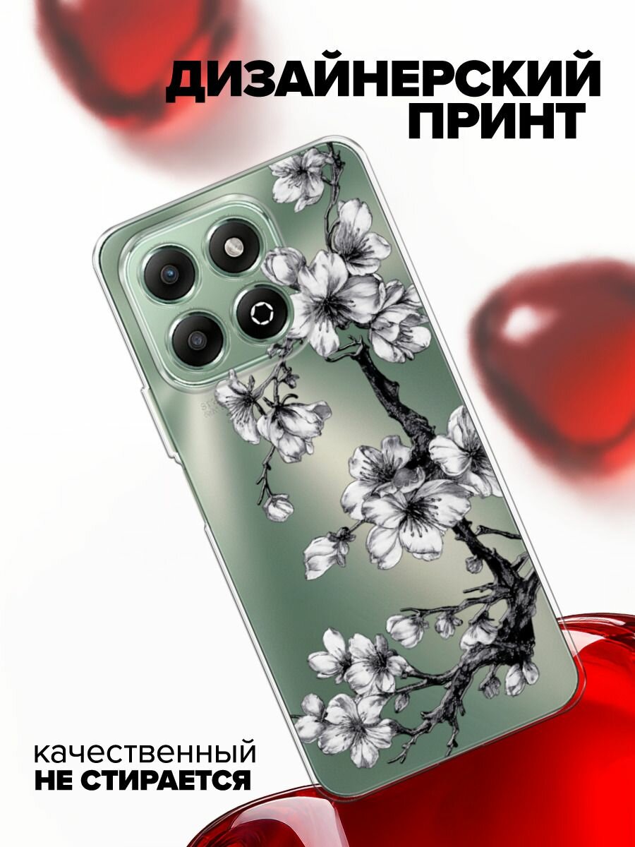 Силиконовый чехол на Honor X6b / Хонор X6b с принтом Ветка сакуры серая — фото 1
