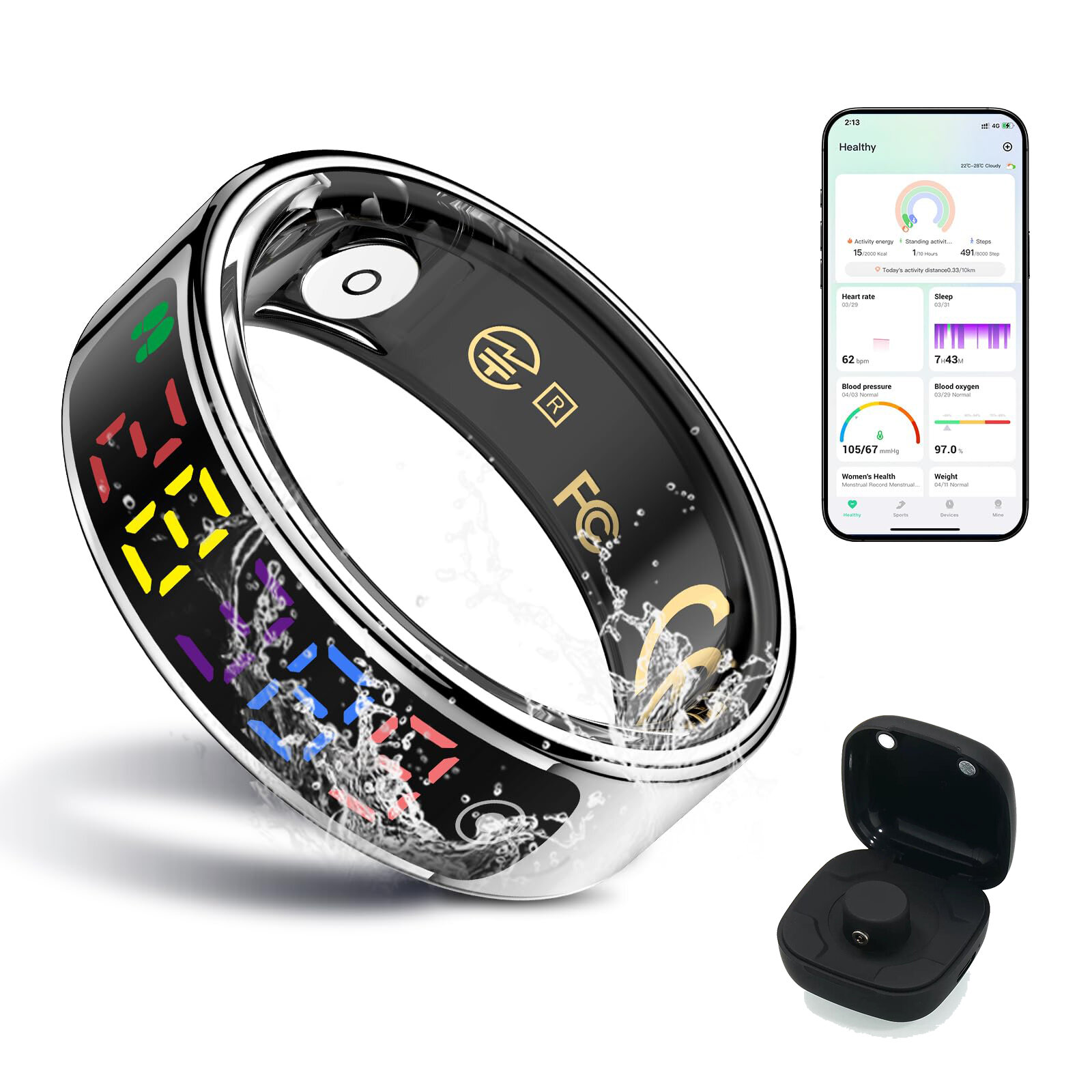 Умное кольцо, с цветным дисплеем, с датчиком ЧСС, влагозащита до 5 АТМ