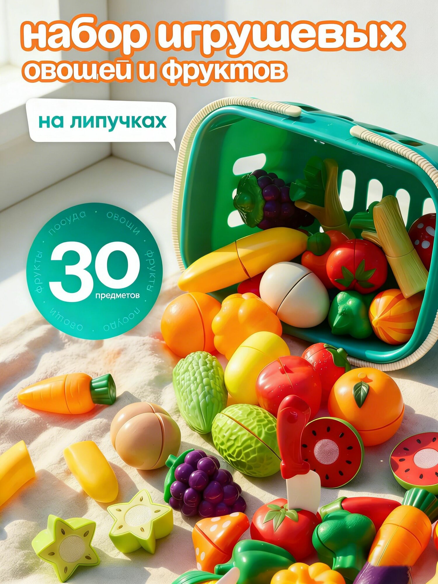 Фрукты и овощи на липучках, Игровой набор продуктов для детской кухни, для мелкой моторики детей от 2 лет