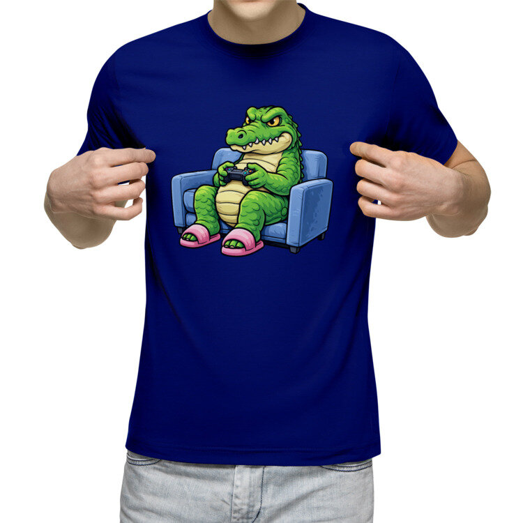 Мужская футболка «Крокодил-геймер» (синий, 2XL)