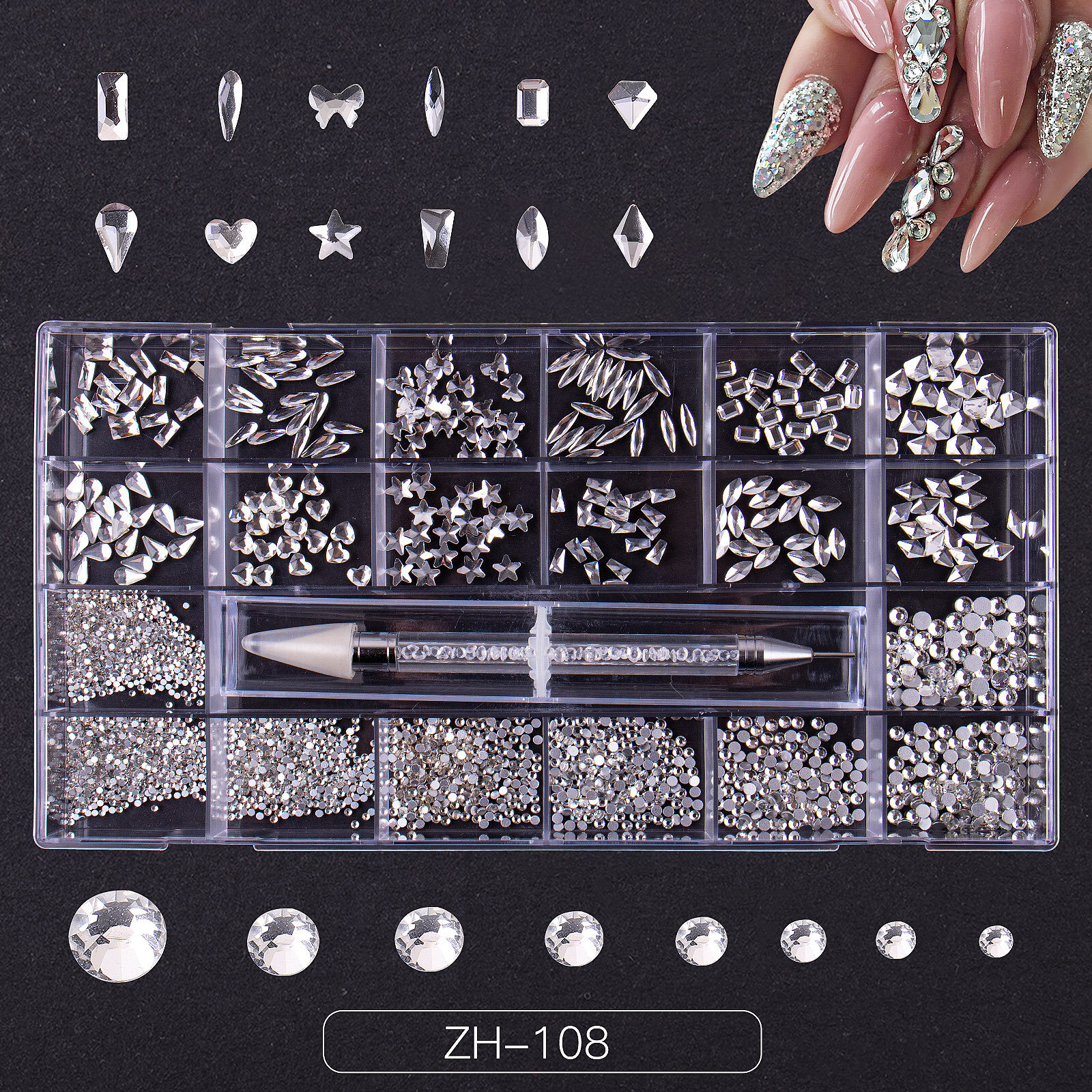Новый продукт для трансграничной торговли: набор страз для нейл-арта в коробке с 21 отделением, стеклянные стразы неправильной формы с плоским дном, украшения для ногтей, оптовая продажа в ассортименте.