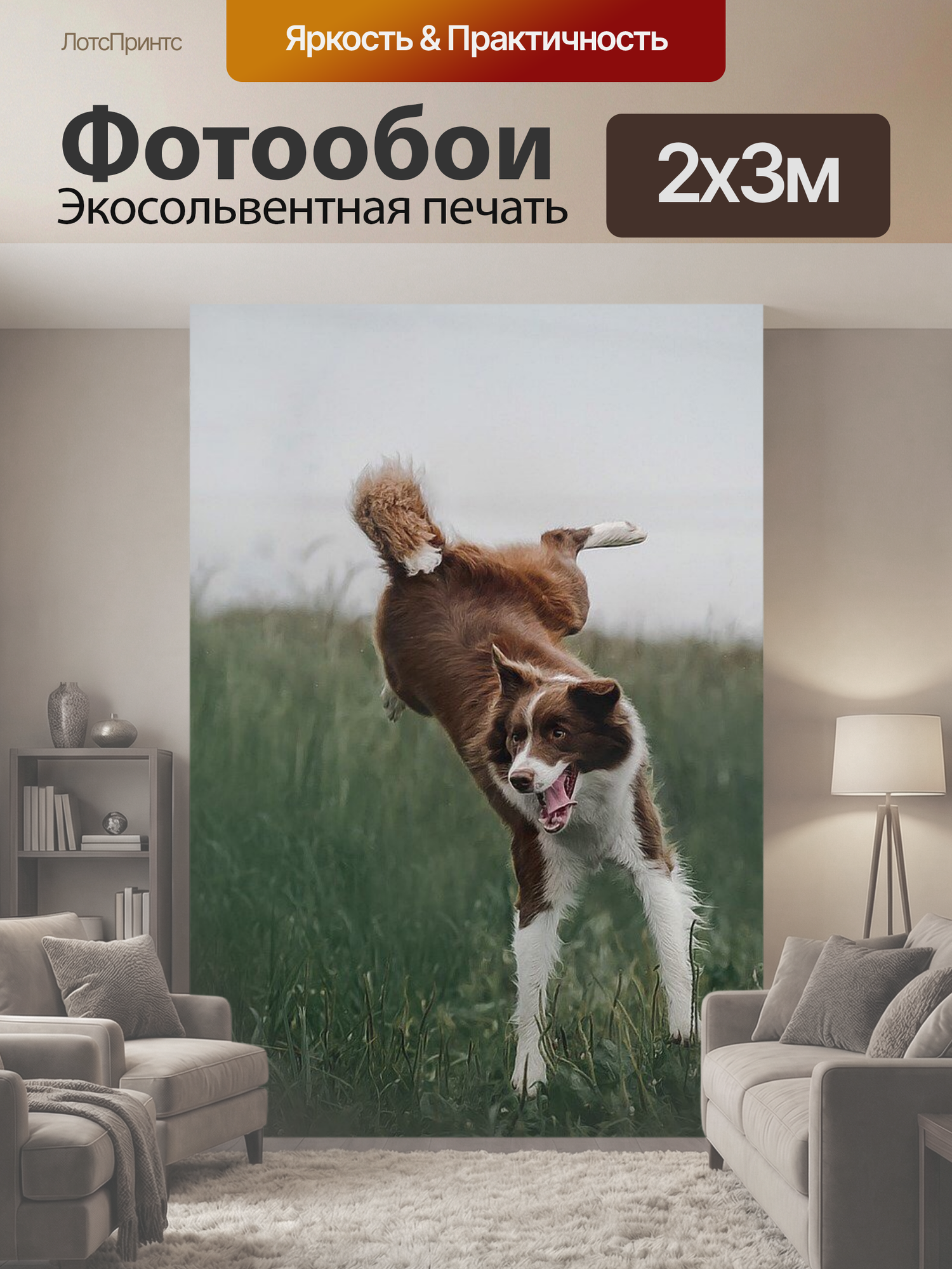 Фотообои "Собака, прыгать, трава" 200x300 см. экосольвентная печать