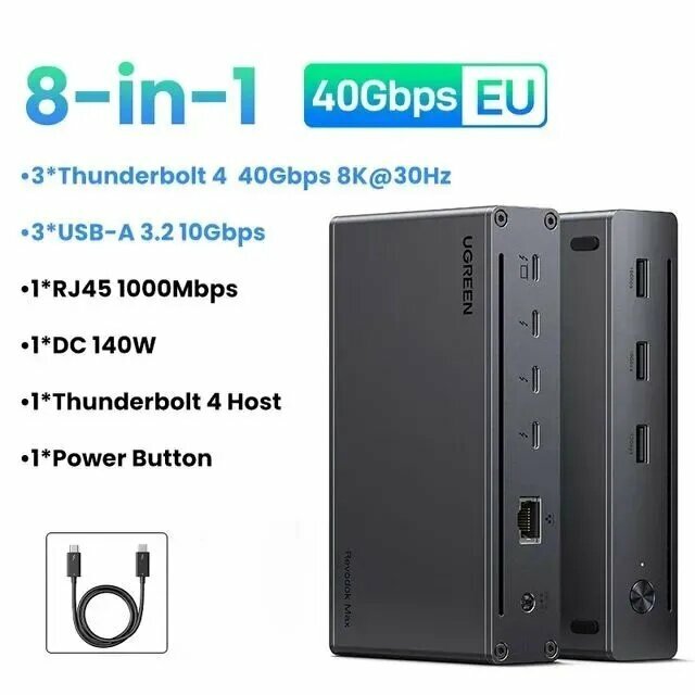 Док-станция UGREEN Revodok Max 208 8-in-1 Thunderbolt 4 Dock (U708-25053EU) евро адаптер питания, серый