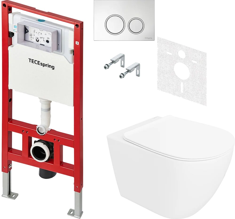 Комплект 5 в 1 Унитаз подвесной STWORKI Левангер S07401WH / Инсталляция с кнопкой TECE TECEspring S401101 / Крышка-сиденье, Комплект шумоизоляции