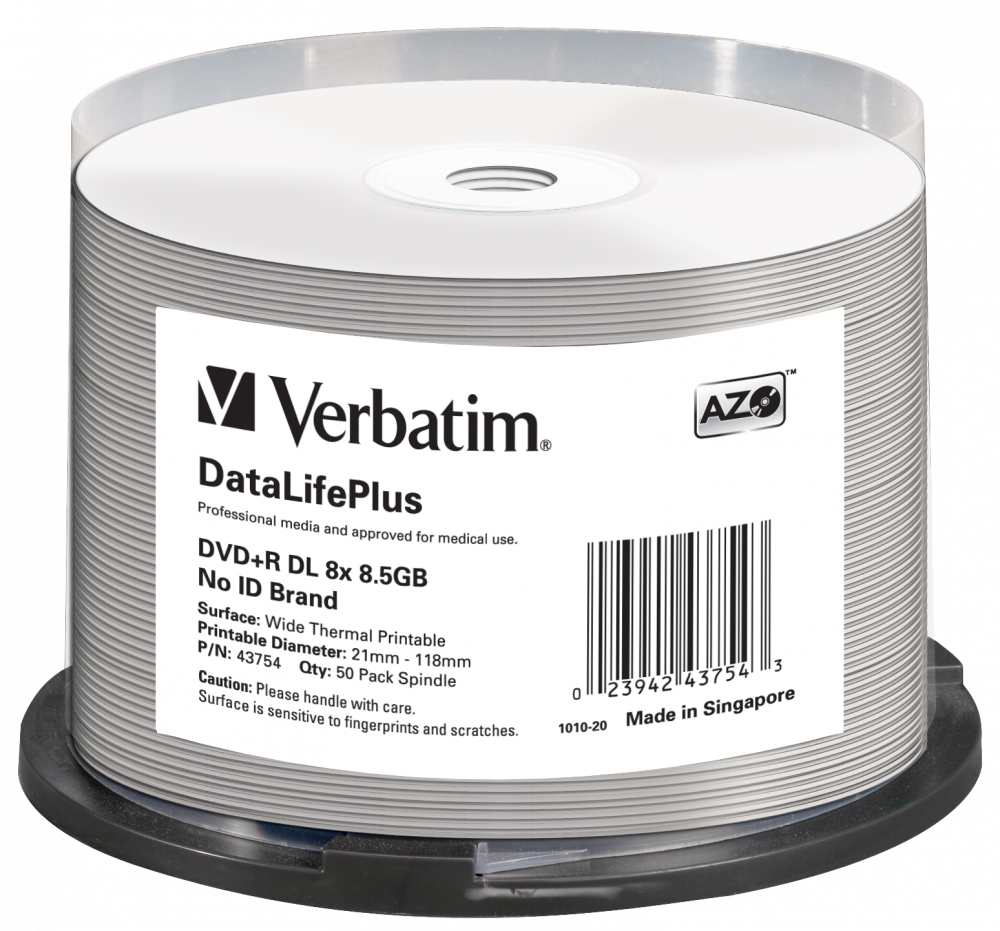 Диск оптический Verbatim DVD+R DL 8x 8,5GB DataLife Plus AZO Wide Thermal Printable no ID, Cake Box