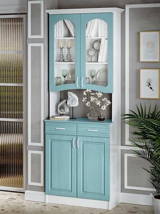 Буфет для кухни Констанция, кухонный шкаф витрина для посуды напольный с фасадами МДФ, 80х225х43 см, Голубой/Белый
