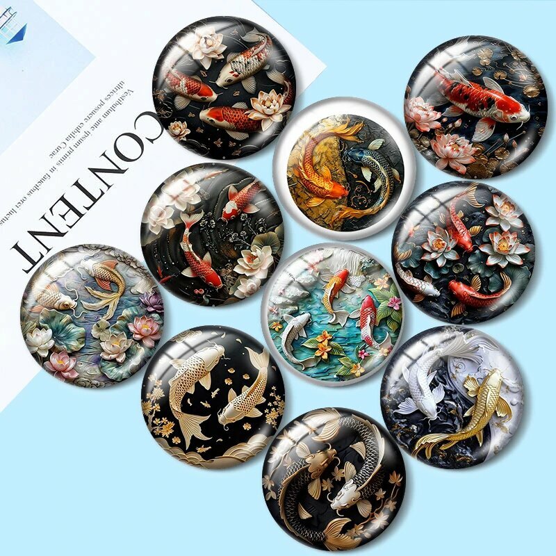 Стеклянные кабошоны с росписью рыбы кои для бижутерии 30 мм, 10pcs-BG2607-mixed