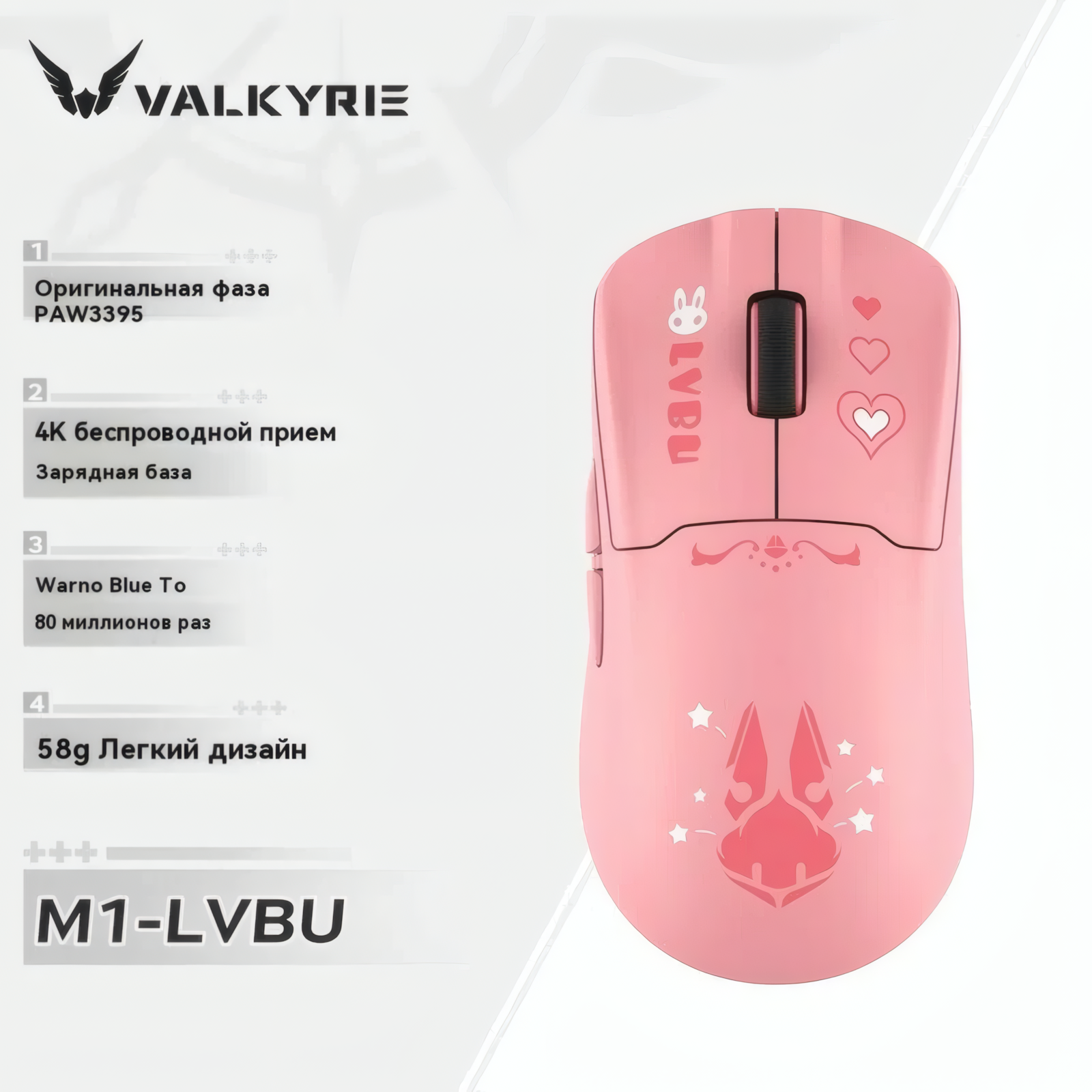 Игровая мышь VALKYRIE M1, беспроводная, 26000 dpi, до 24 ч работы, розовая