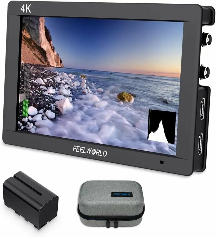 FEELWORLD 7" Монитор FW703 7-дюймовый накамерный полевой DSLR-монитор с аккумулятором F750 4400 мАч и сумкой 3G SDI 4K HDMI Full HD 1920x1200, черный
