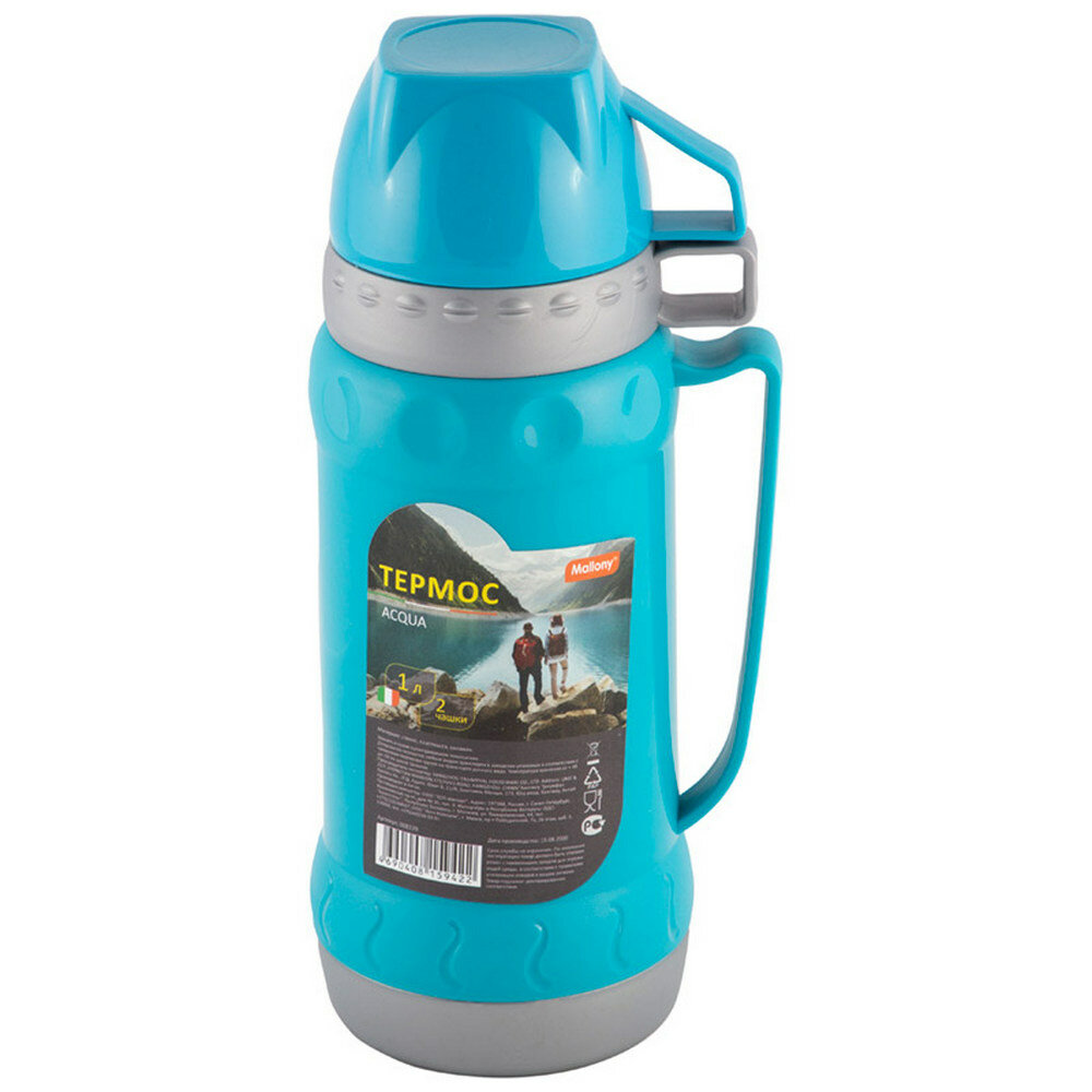 Термос Mallony Acqua, пластиковый корпус, стеклянная колба, 2 чашки, 1л