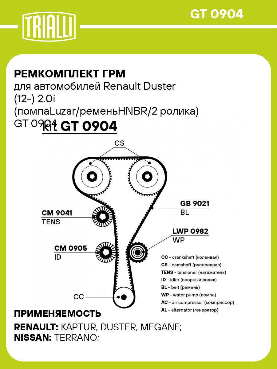 Ремкомплект ГРМ для автомобилей Renault Duster (12-) 2.0i (помпаLuzar/ремень HNBR/2 ролика) GT 0904 TRIALLI
