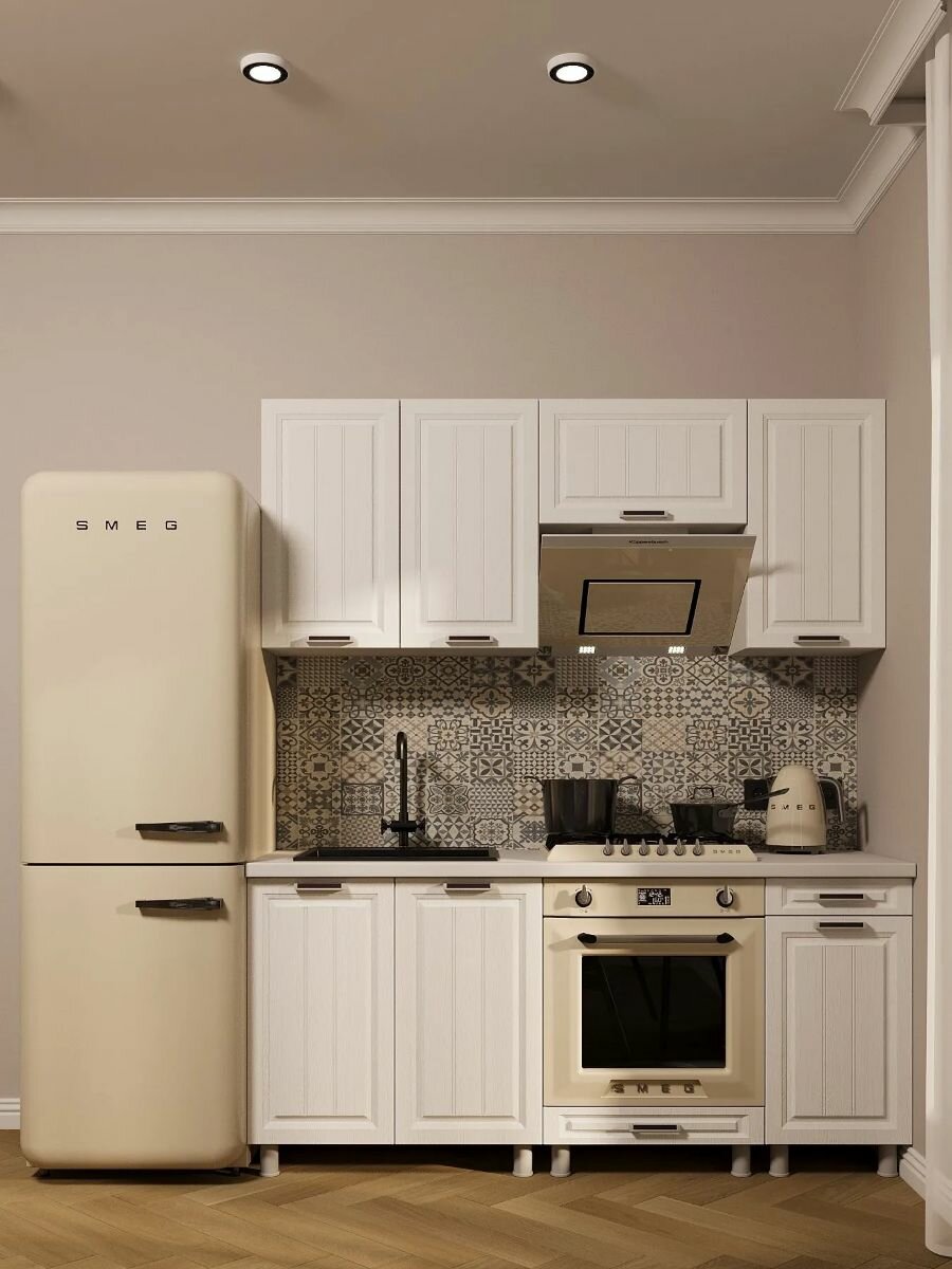 Кухонный гарнитур (кухня) Луксор 1.8 м с окапом, столешницей и модулем под духовой шкаф, ЛДСП/МДФ, Белый/Клен белый, 1800х2160х600 тэкс