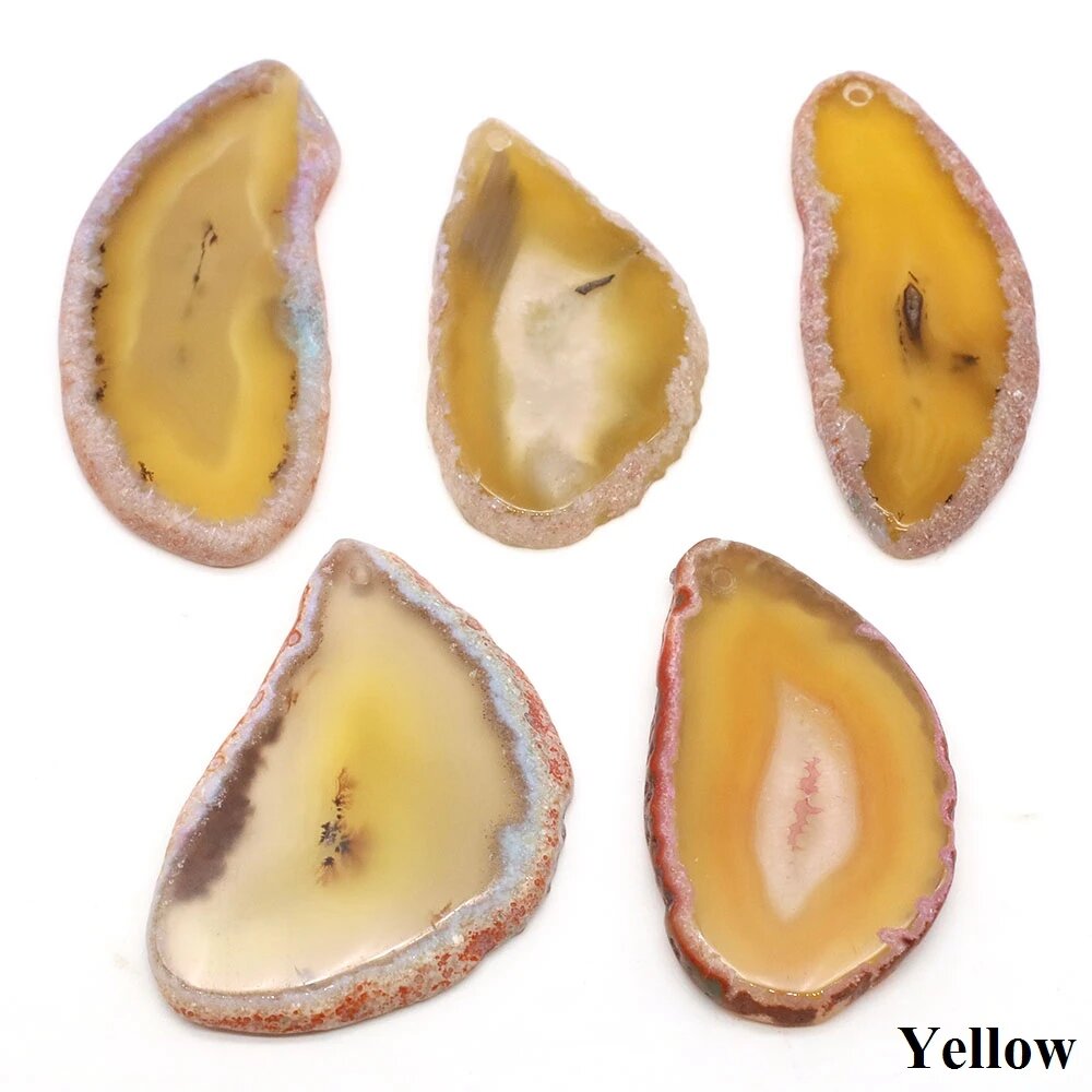 Натуральный агат геод ломтик с отверстием 40-70 мм Желтый, 5pcs, Yellow