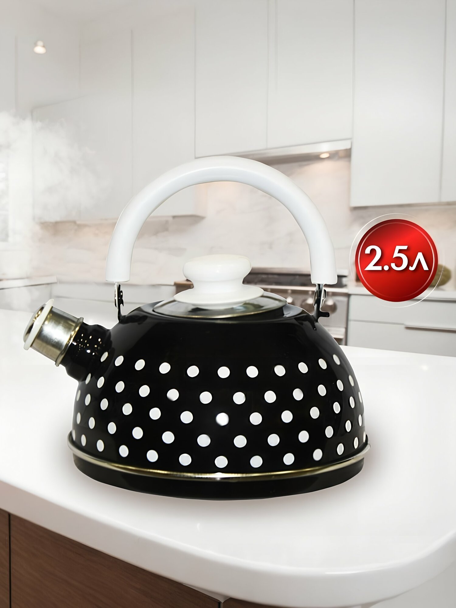 Рубин чайник для плиты из эмалированной стали со свистком, 2.5 л, черный