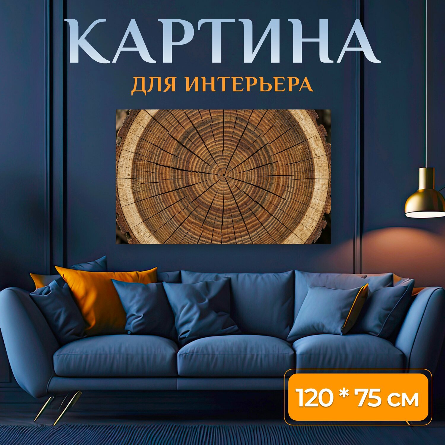 Картина на холсте "Срез древесного ствола с трещинами. Крупный план спила дерева с выразительными годичными кольцами и радиальными трещинами." на подрамнике 120х75 см. для интерьера