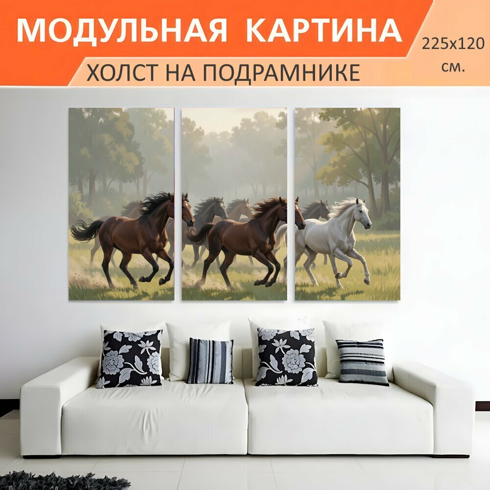 Модульная картина на холсте "Бегущие лошади в туманном лесу. Стройные скакуны мчатся по солнечной поляне среди высоких деревьев и." триптих на подрамнике 225х120 см. для интерьера