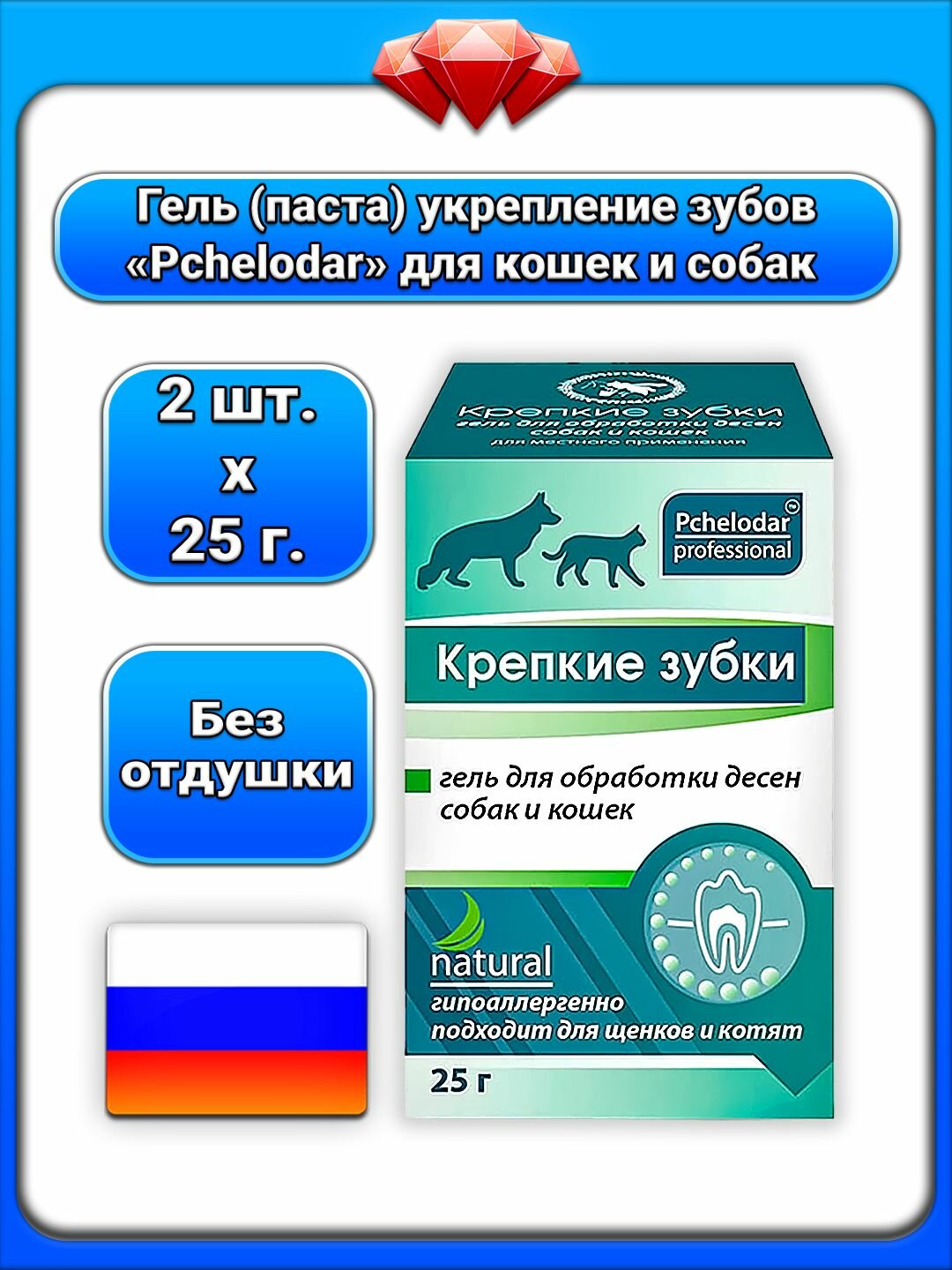 (2 x 25 г) / Pchelodar, гель для десен Крепкие Зубки, уход за полостью рта, укрепление зубов, профилактика налета и воспалений, для собак и кошек, натуральный состав.