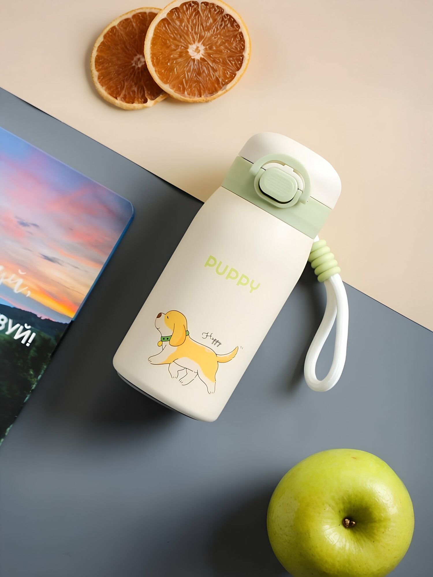 Термос Puppy 350 мл из нержавеющей стали, молочный, с трубочкой и защелкой. Сохраняет тепло и холод до 8 часов.