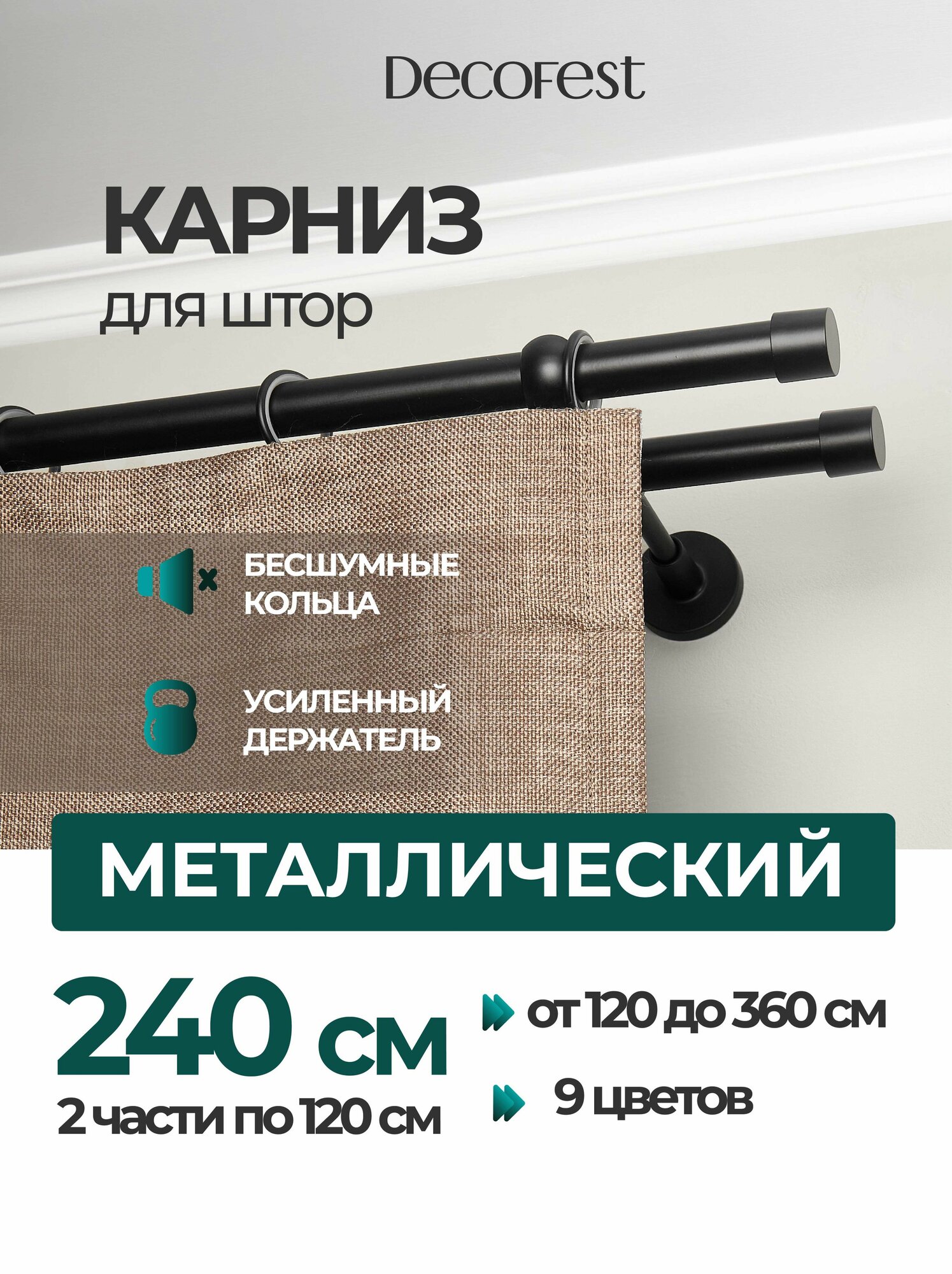 Карниз для штор двухрядный металлический составной 240 см SET Черный, гардина настенная