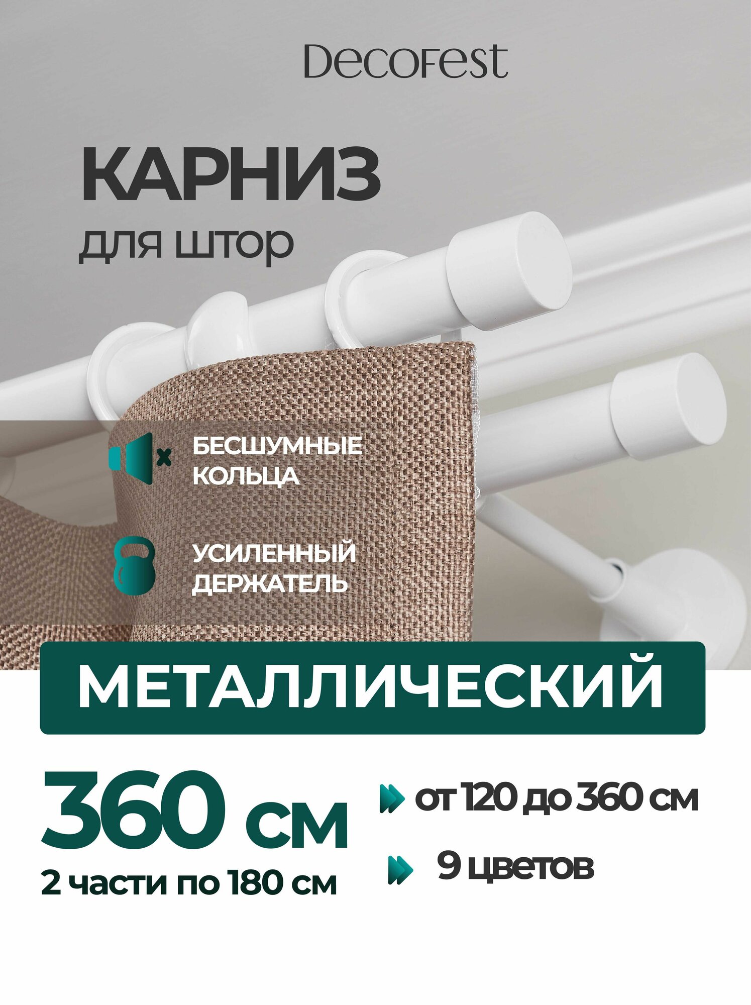 Карниз для штор двухрядный металлический составной 360 см SET Белый, гардина настенная