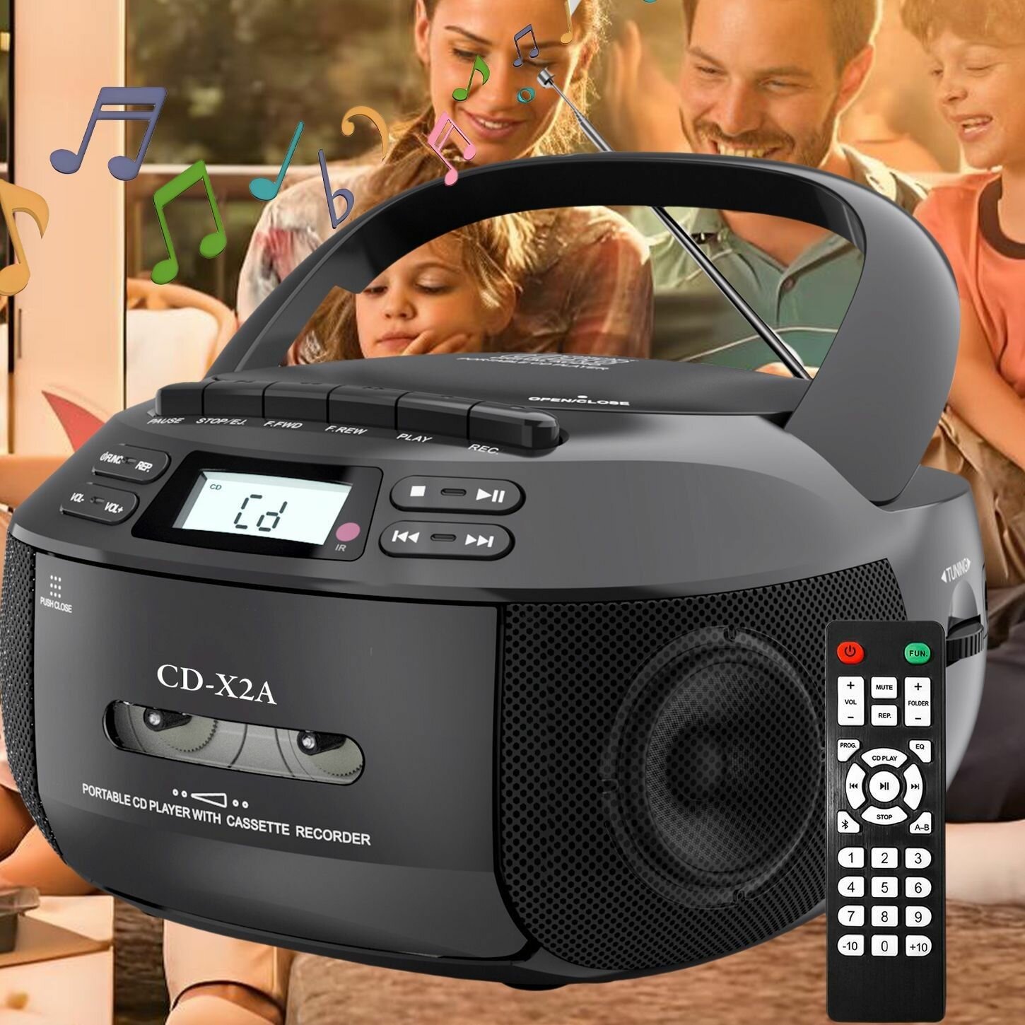 CD-плеер Boombox, Комбинированный кассетный плеер с Bluetooth, AM/FM-радио, Стереозвук с дистанционным управлением, Черный