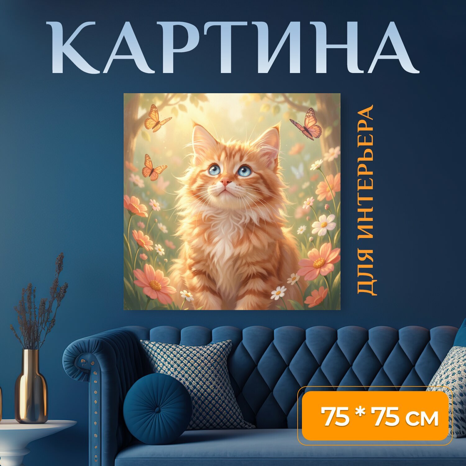 Картина на холсте "Рыжий котенок с бабочками. Милый пушистый питомец с голубыми глазами среди нежных полевых цветов и порхающих бабочек." на подрамнике 75х75 см. для интерьера