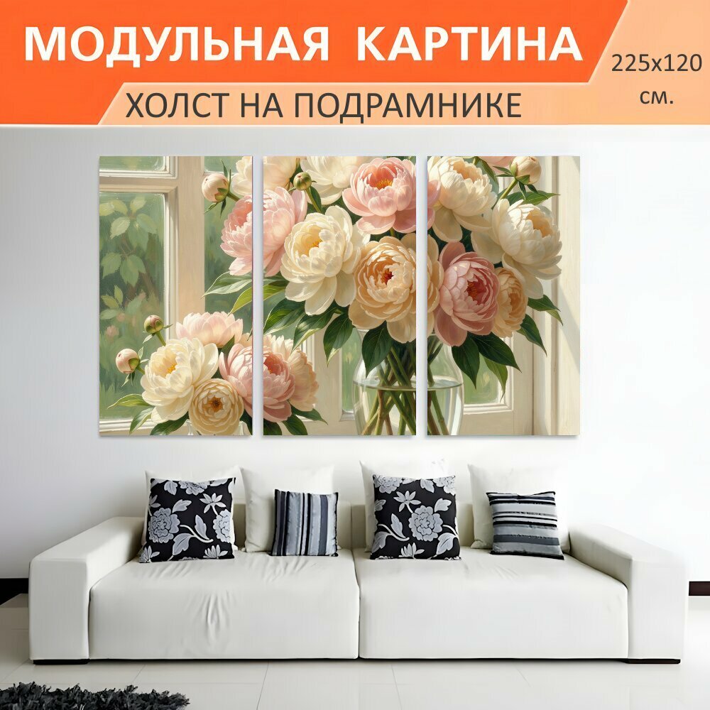 Модульная картина на холсте "Пионы в солнечном окне. Нежная цветочная композиция у светлого окна: пышные садовые бутоны в стеклянных." триптих на подрамнике 225х120 см. для интерьера