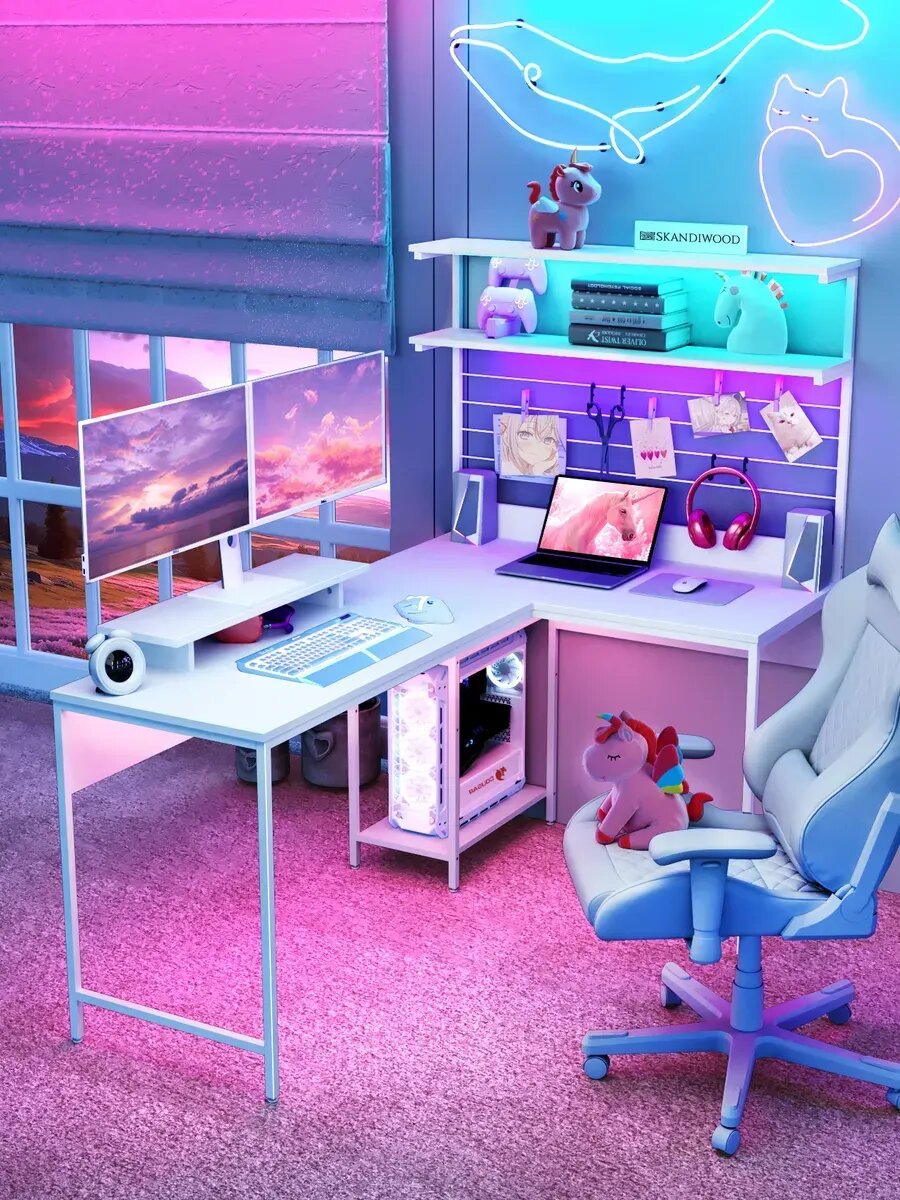 Стол компьютерный игровой с полками угловой геймерский письменный для школьника