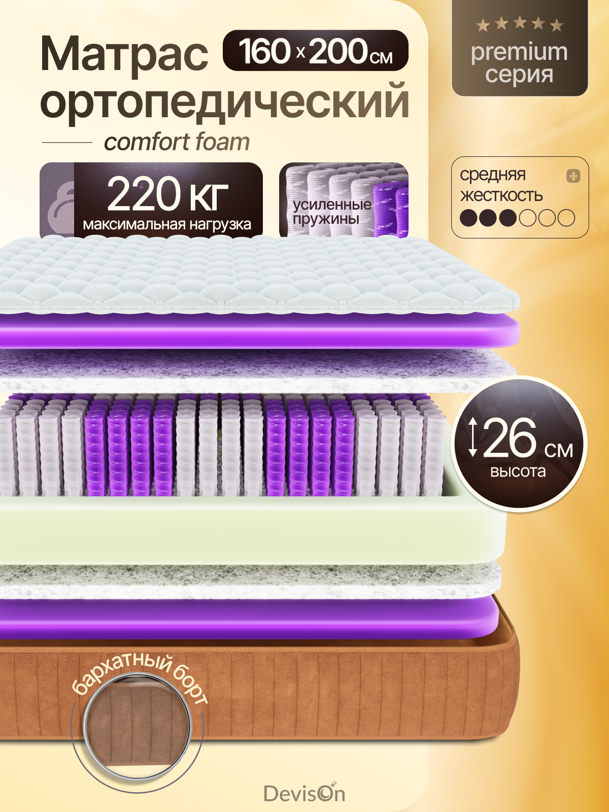 Матрас ортопедический 160х200 пружинный для кровати Devison Spring Prestige