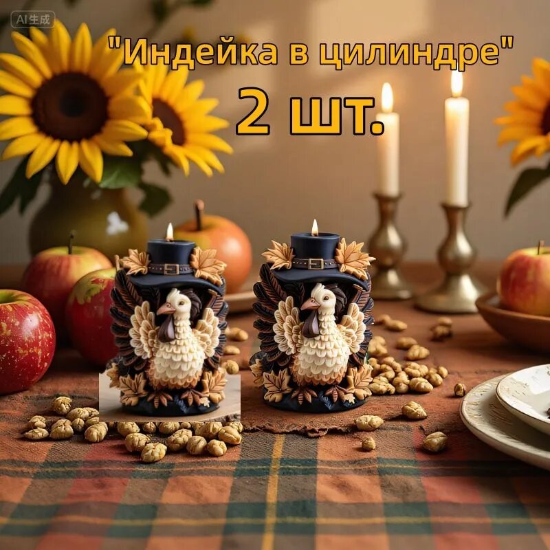 Набор силиконовых форм "Индейка в цилиндре" для аромасвечей 2 формы, пищевой силикон, осенний дизайн