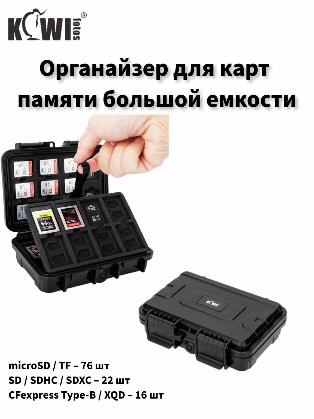 KIWIFOTOS Кейс для карт памяти 114 слотов (microSD/SD/CFexpress Type B/XQD), водонепроницаемый, ударопрочный, с лотками