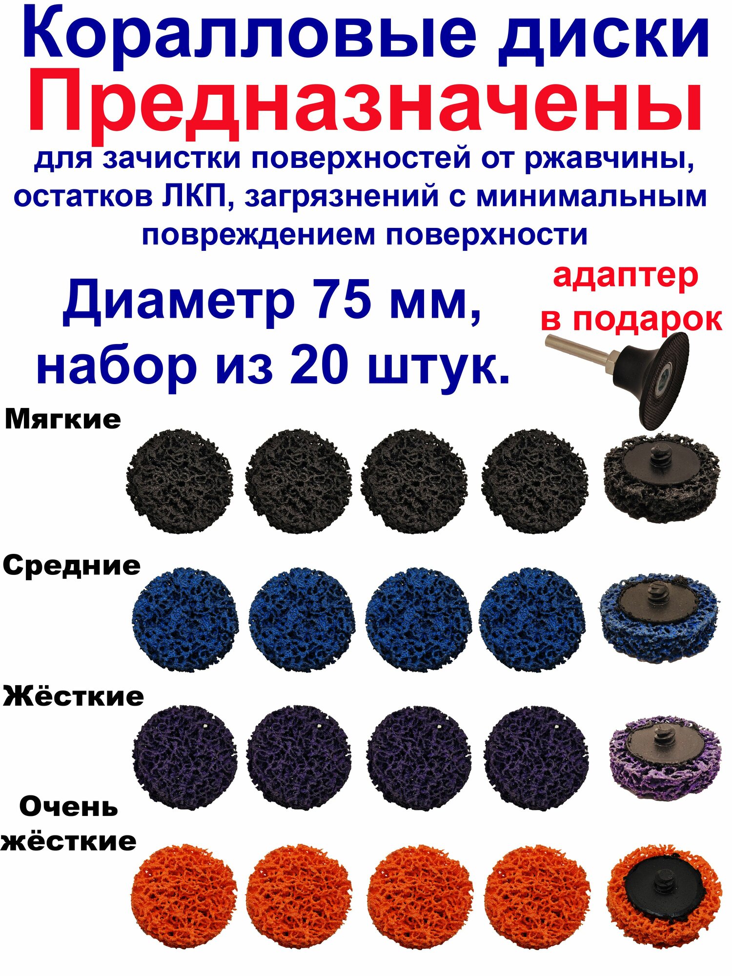 Коралловые диски для зачистки поверхностей, набор дисков разной жесткости, по 5 штук. Всего 20 штук. ROLOC.