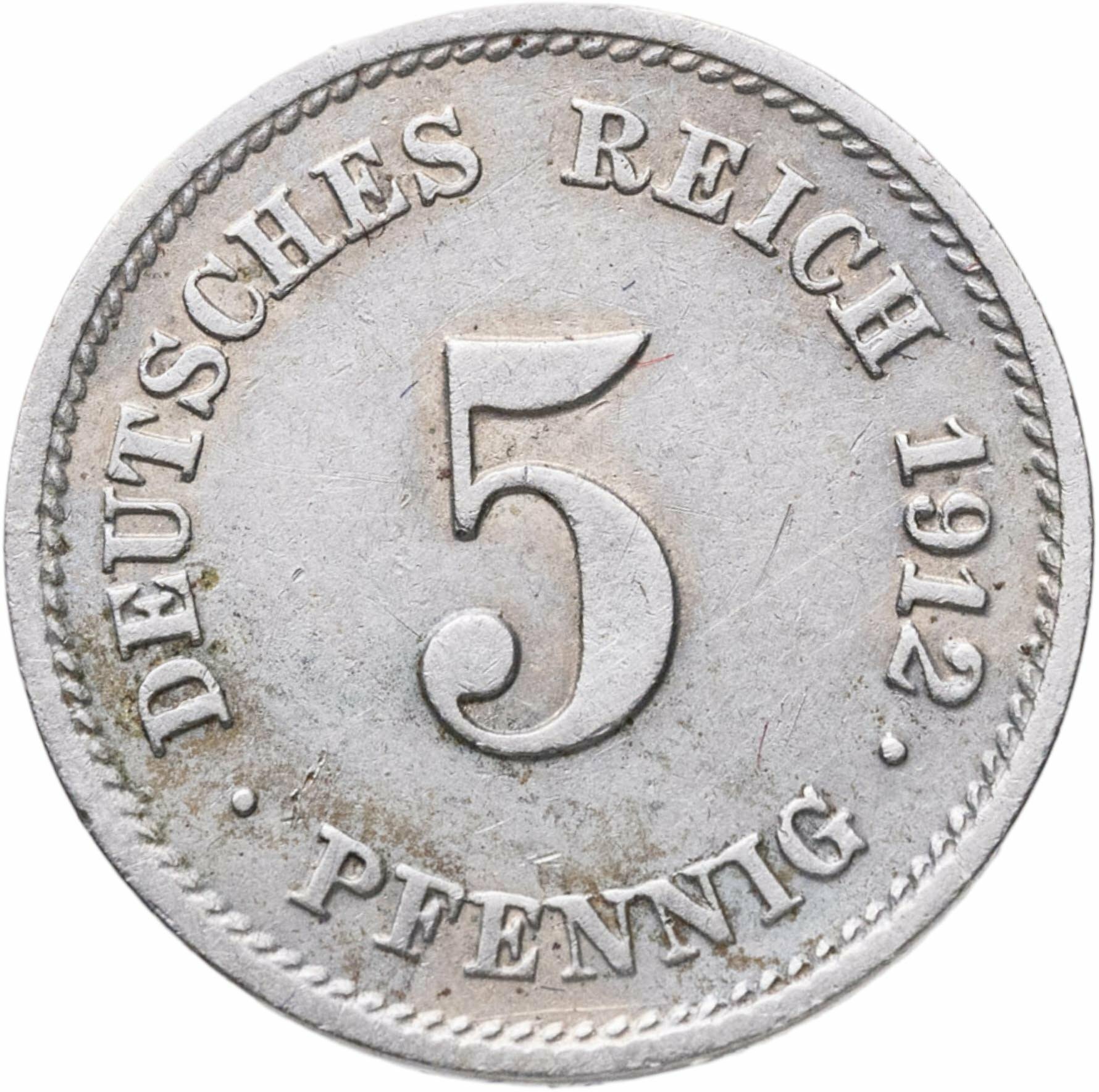 Германия 5 пфеннигов pfennig 1912 G знак монетного двора: "G" - Карлсруэ, Мельхиор медь-никель, в сохранности VF-XF