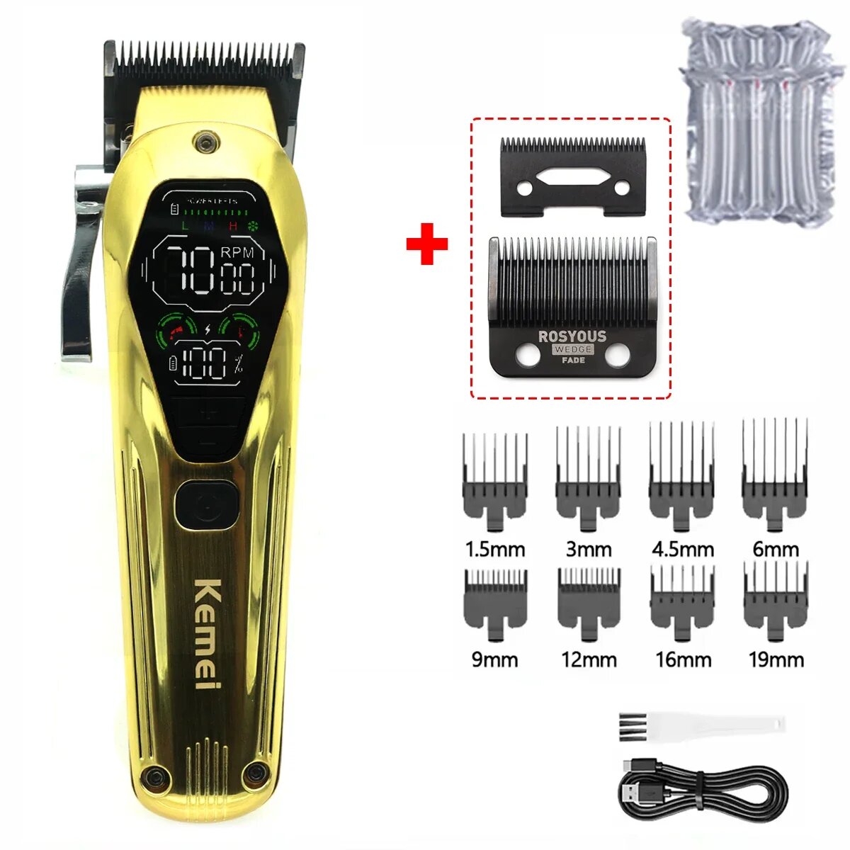 Kemei KM-1698 Золотой триммер для волос, 6 насадок