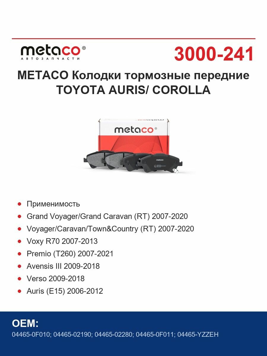 METACO Колодки тормозные передние TOYOTA AURIS/ COROLLA