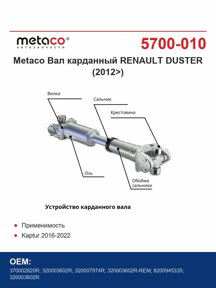 Metaco Вал карданный RENAULT DUSTER (2012>)