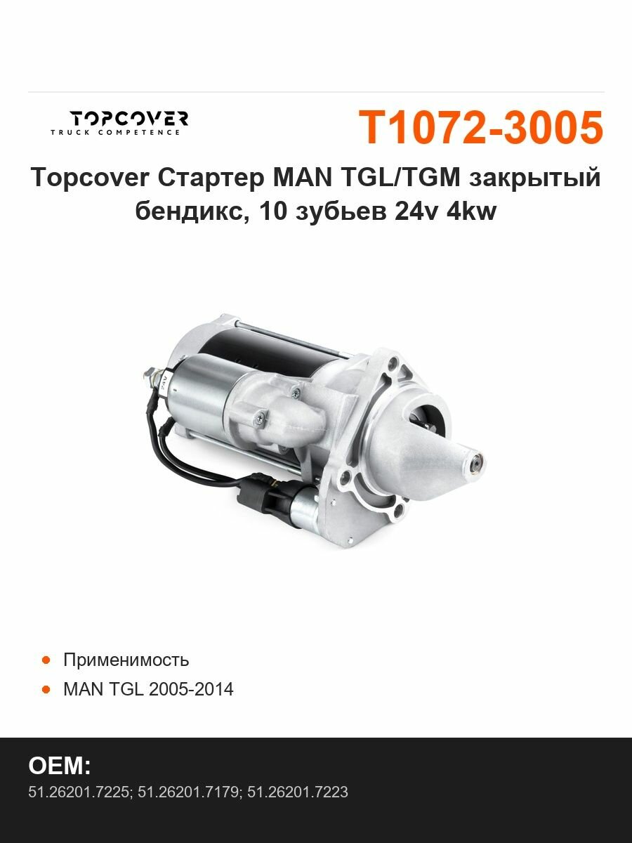 Topcover Стартер MAN TGL/TGM закрытый бендикс, 10 зубьев 24v 4kw